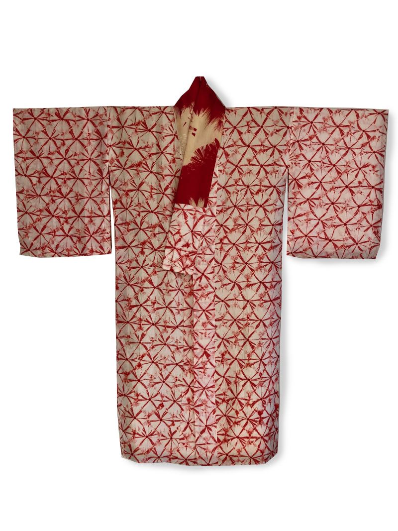 Kaleidoscope womens off white vintage silk kimono red Shibori tie dyed ...