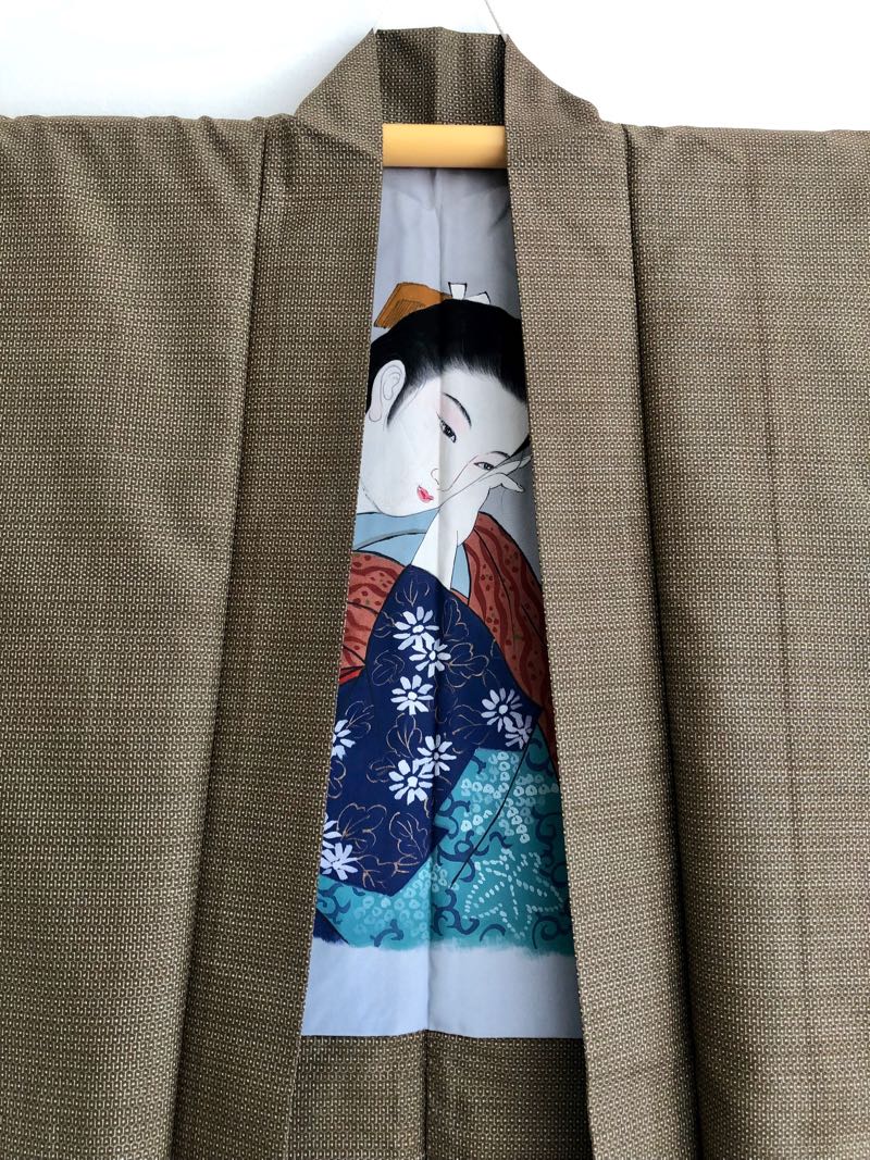 Kiyomizu mens brown geometric silk haori kimono jacket drinking sake ...