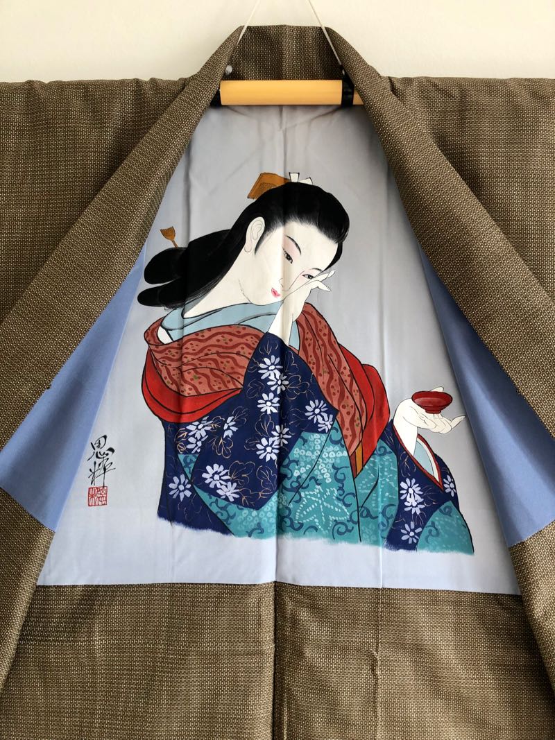 Kiyomizu mens brown geometric silk haori kimono jacket drinking sake ...