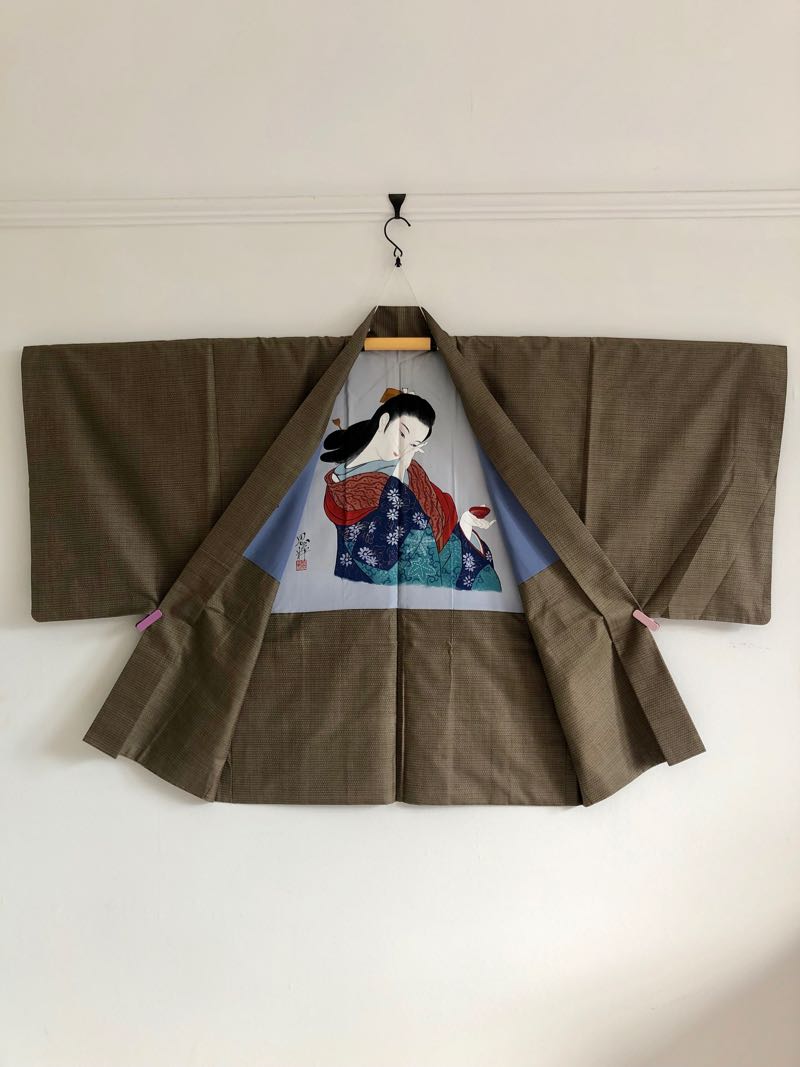 Kiyomizu mens brown geometric silk haori kimono jacket drinking sake ...