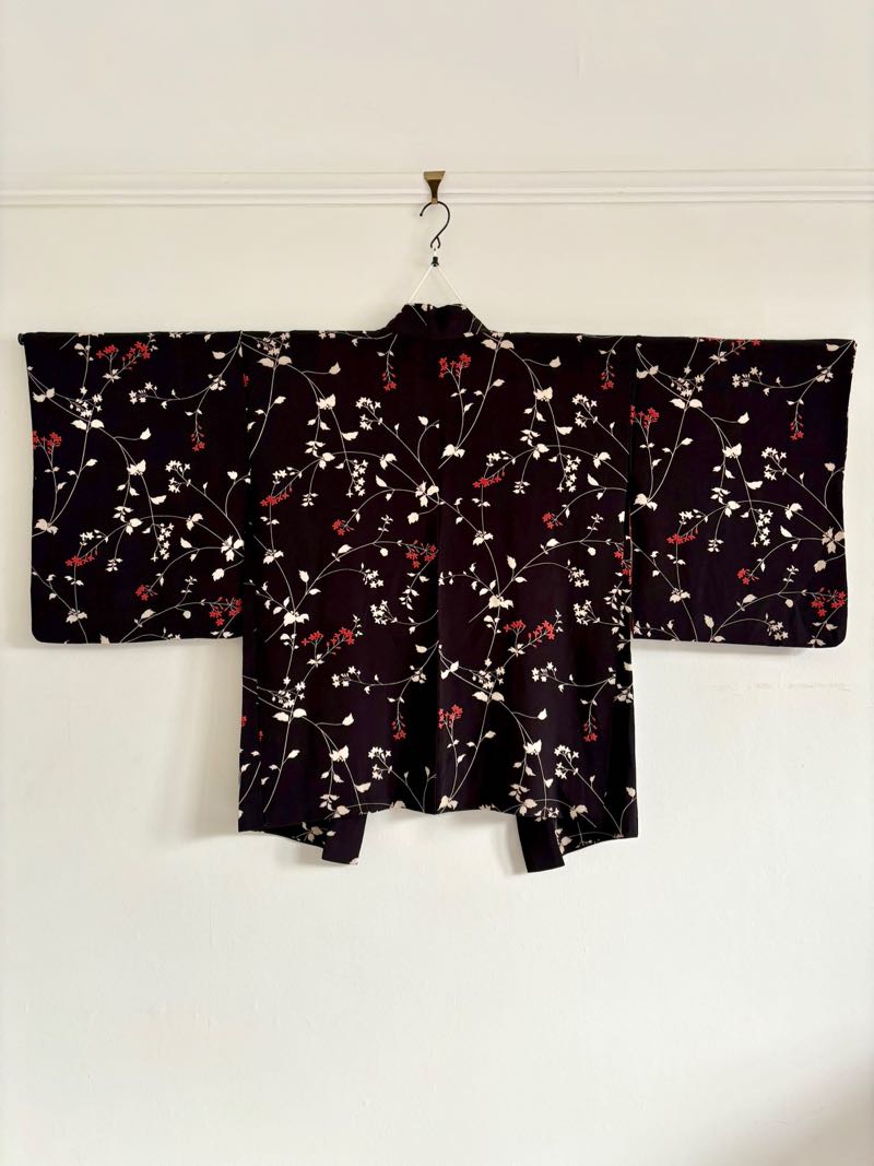 Menuet womens black kinsha fine crepe silk haori kimono jacket red ...