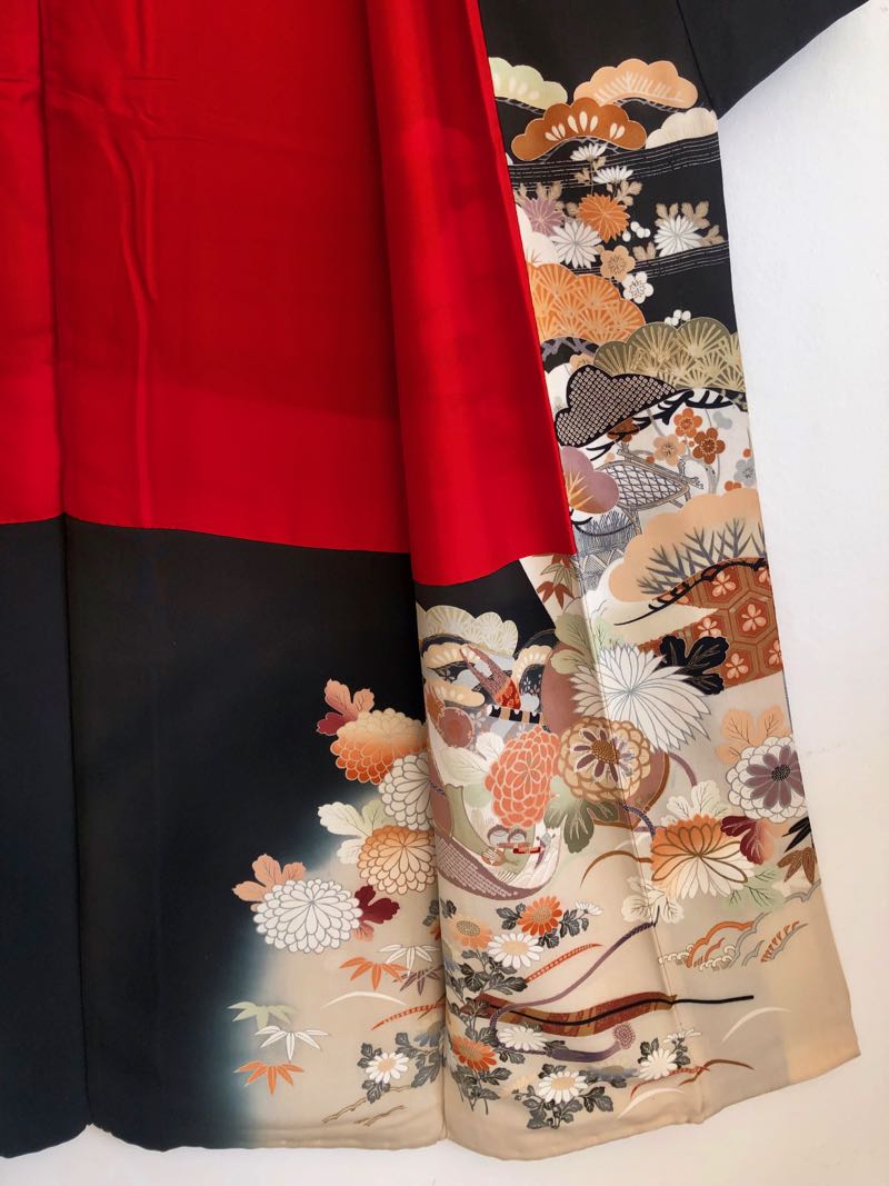 Waltz of The Flowers womens black silk kurotome kimono chrysanthemum ...