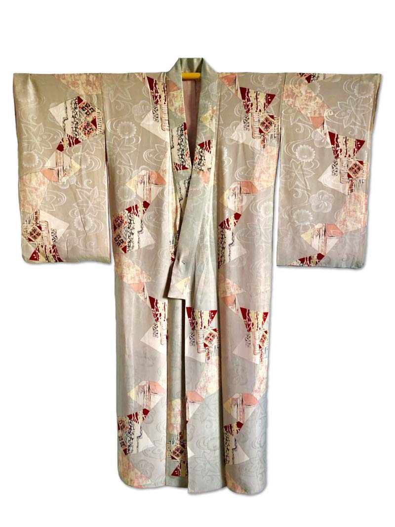 White Night womens silvery white silk kimono tree & floral motif ...